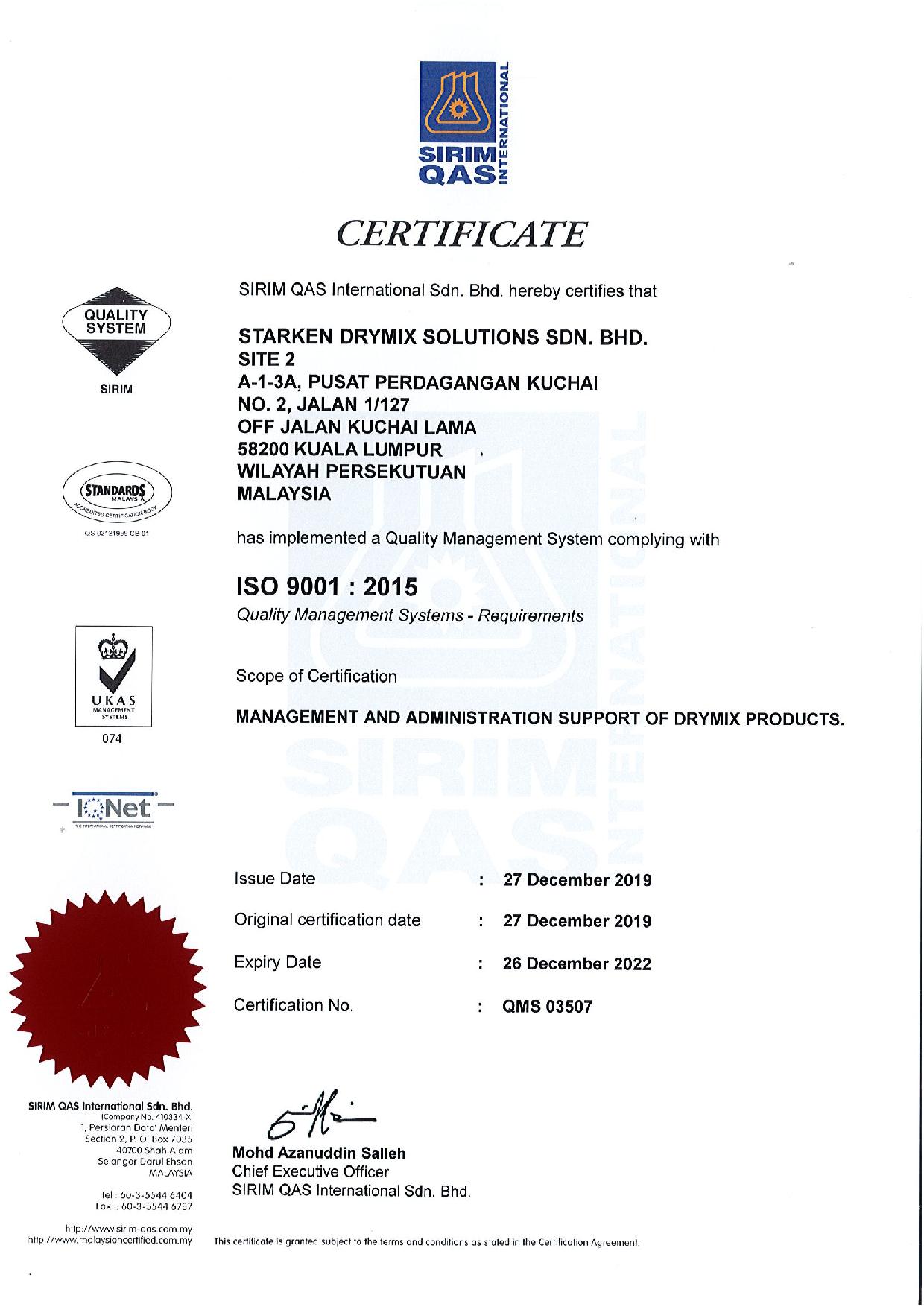 We are ISO 9001:2015 certified! | Starken Drymix Solutions Sdn Bhd